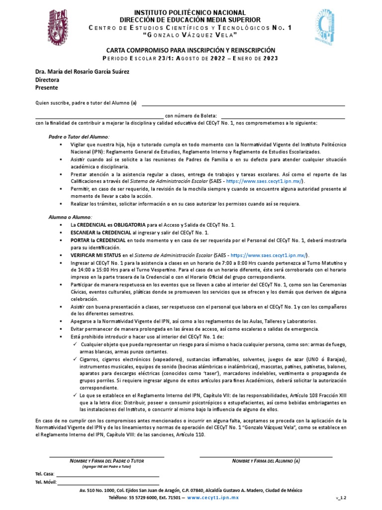 Carta Compromiso CECyT No. 1 IPN | PDF