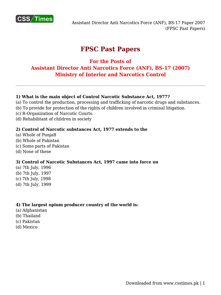 Assistant Director Anti Narcotics Force (ANF), BS-17 Paper 2007 (FPSC Past Papers) | PDF | Drugs ...