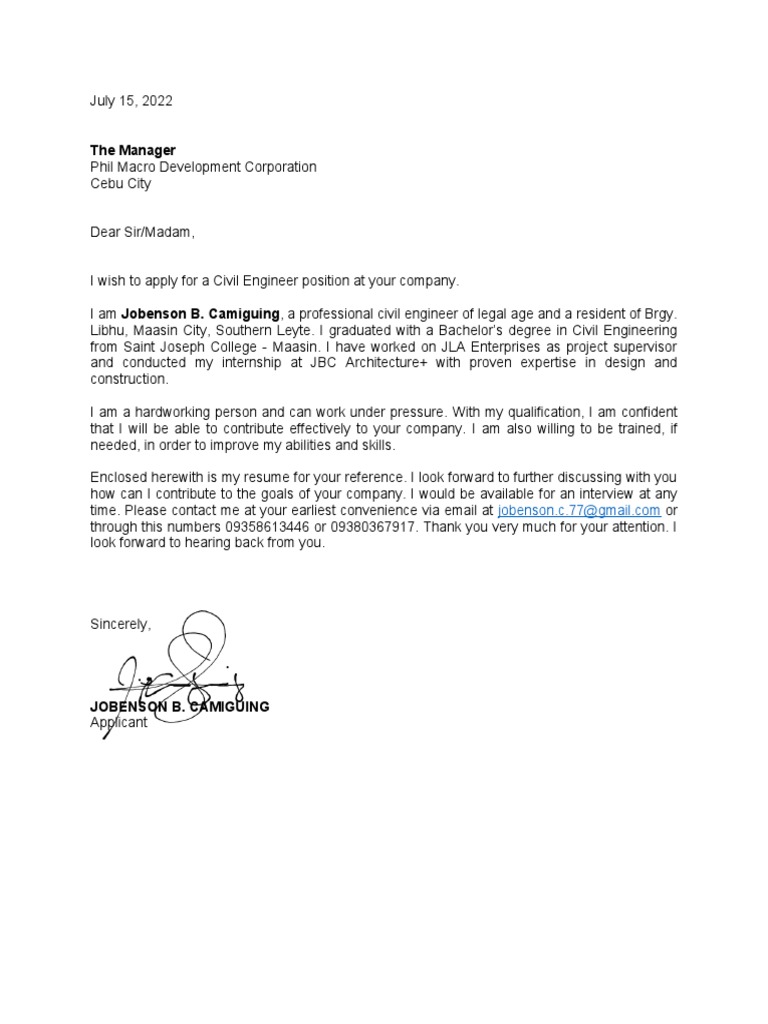 My Application Letter - (JOBENSON B. CAMIGUING) | PDF | Engineer | Résumé