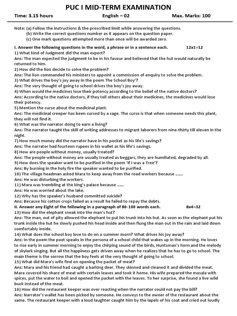 Mid Term QP Puc I Key Answer | PDF | Swami Vivekananda