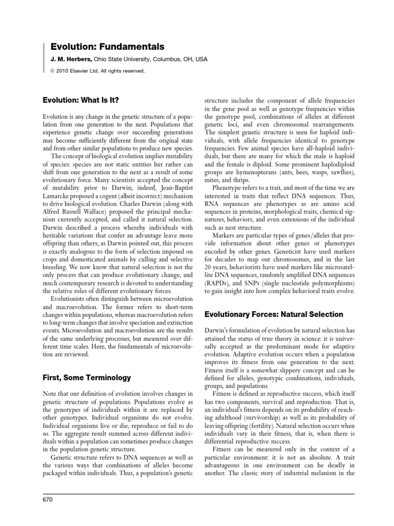 1-Evolution Fundamentals Herbers EncyclopediaAnimalBeh2010 | PDF | Evolution | Natural Selection
