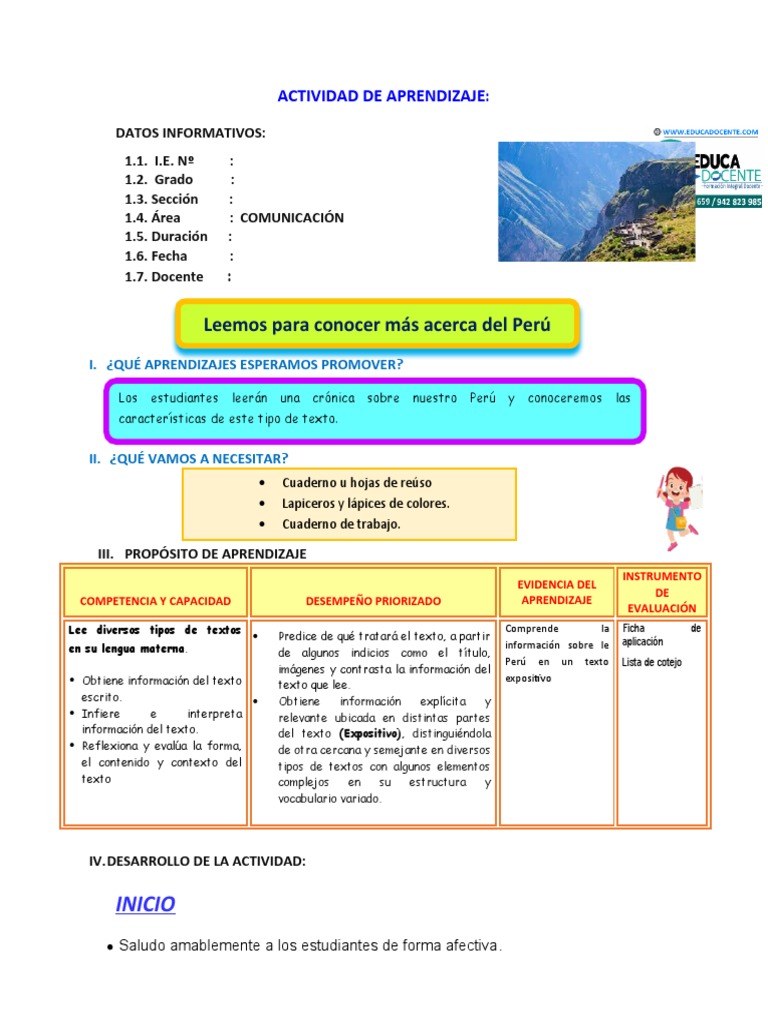 D5 A1 SESION 6TO Leemos para Conocer Más Acerca Del Perú | PDF | Aprendizaje | Ciencia cognitiva