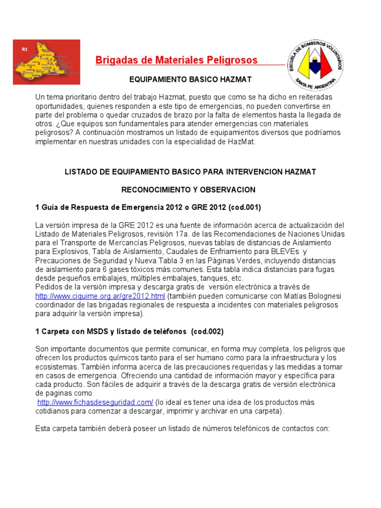Listado de Equipamiento Basico para Intervencion Hazmat | PDF | Mercancías peligrosas | Amoníaco