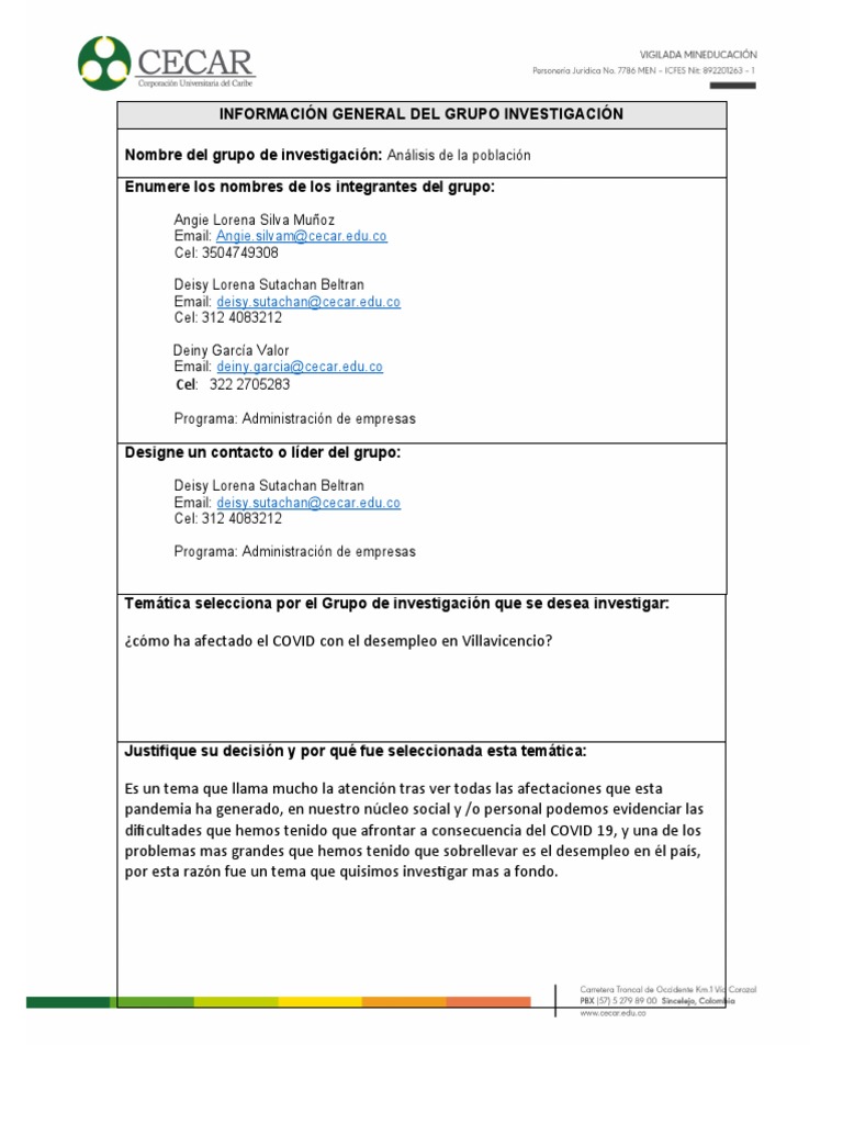 Actividad 1. INFORMACIÓN GENERAL DEL GRUPO INVESTIGACIÓN | PDF