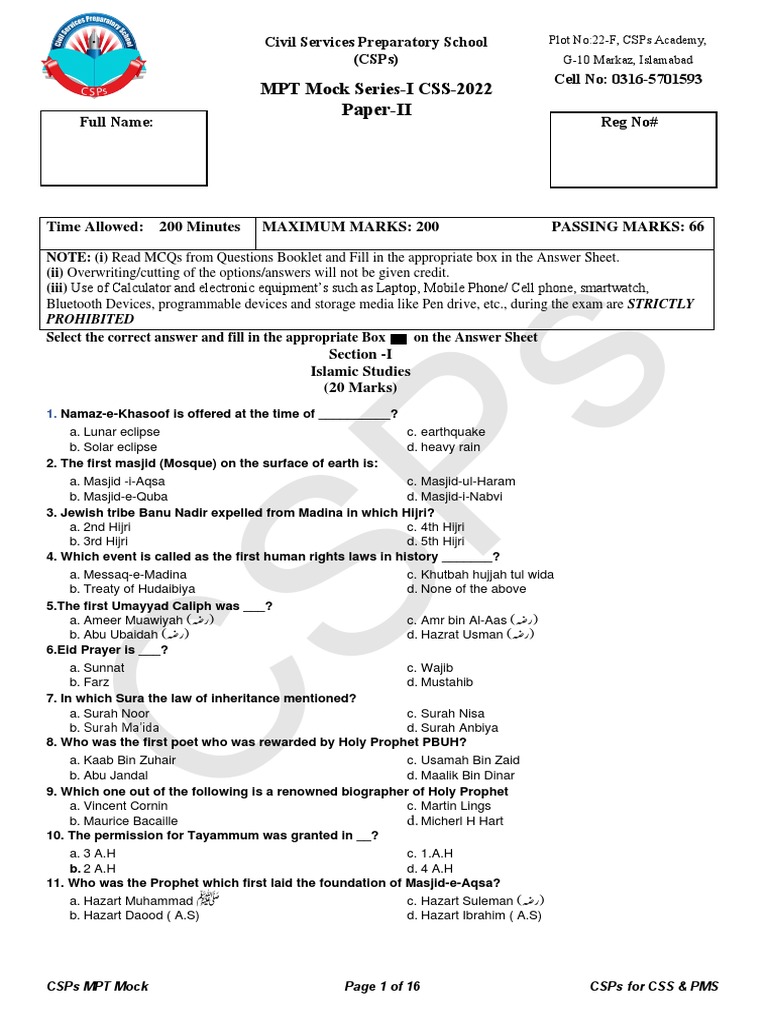 Analysis of a Mock Exam for the Civil Services of Pakistan Addressing ...