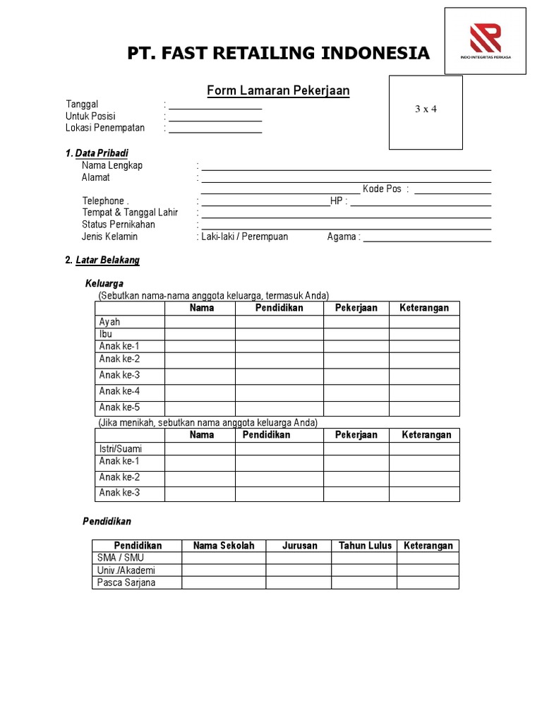 Employee Application Form Kandidat Vendor PT. Indo Integritas Perkasa | PDF
