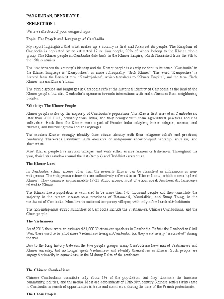 Reflection Paper 1 | PDF | Cambodia | Khmer People