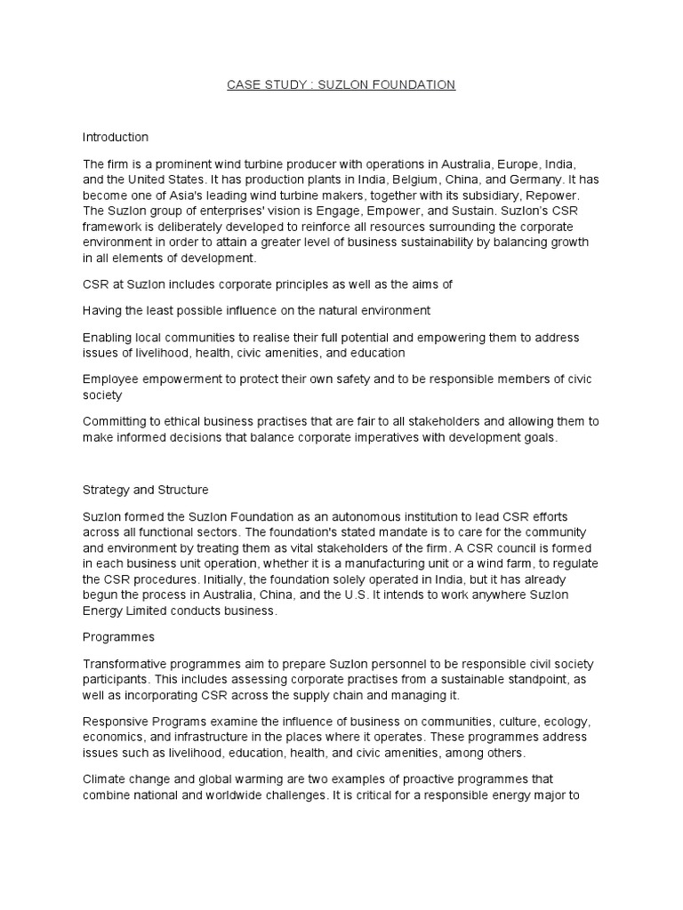 Suzlon Foundation leads CSR efforts | PDF | Corporate Social ...