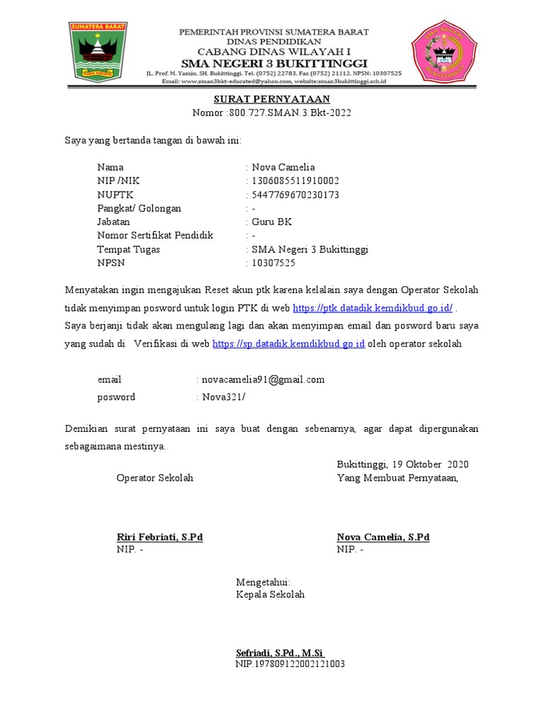 Surat Pernyataan PTK Reset Akun PTK Lupa | PDF