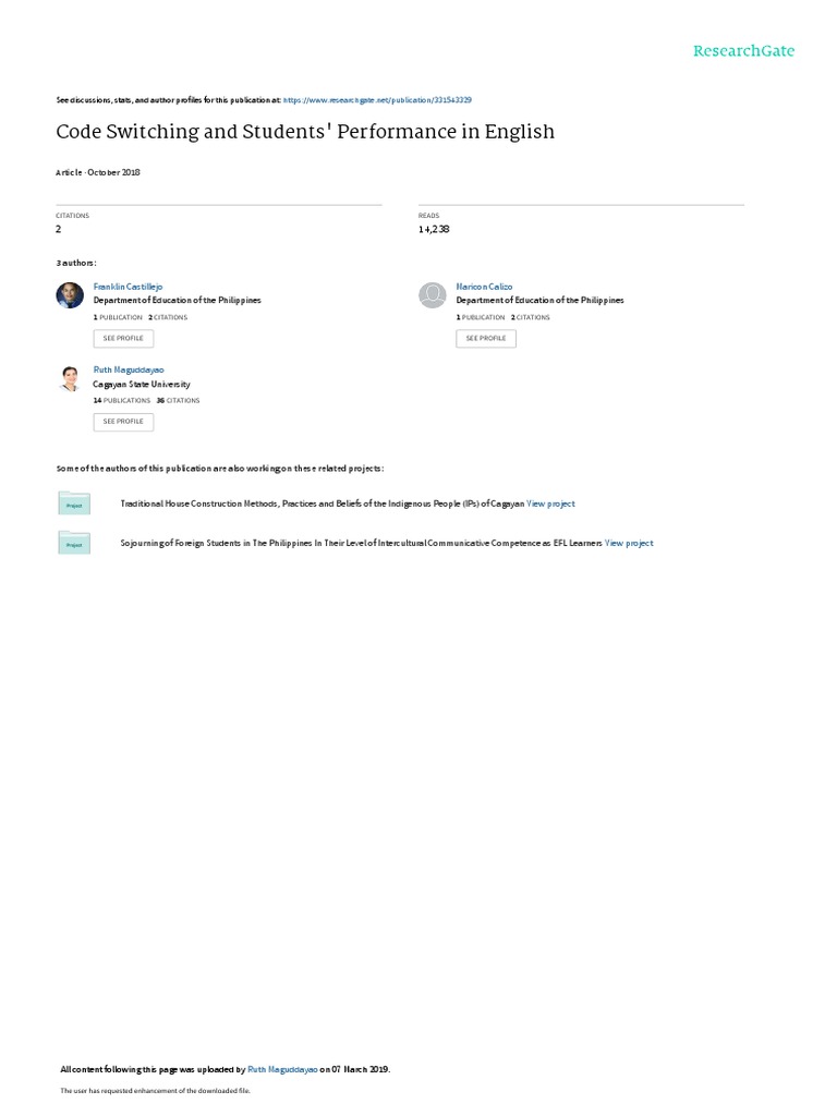 Code Switching and Students Performance in Englis | Download Free PDF ...