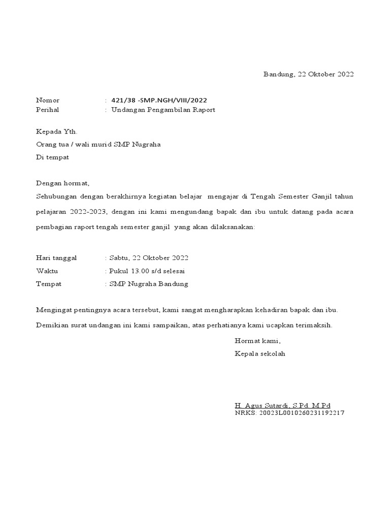 Contoh Surat Undangan Pengambilan Raport | PDF