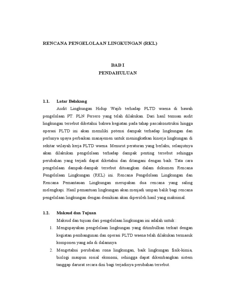 RENCANA PENGELOLAAN LINGKUNGAN (RKL) Docx | PDF