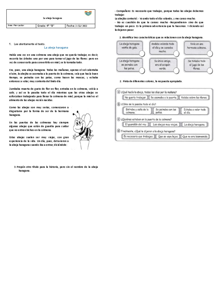 Ficha de Lectura de La Abeja Haragana | PDF