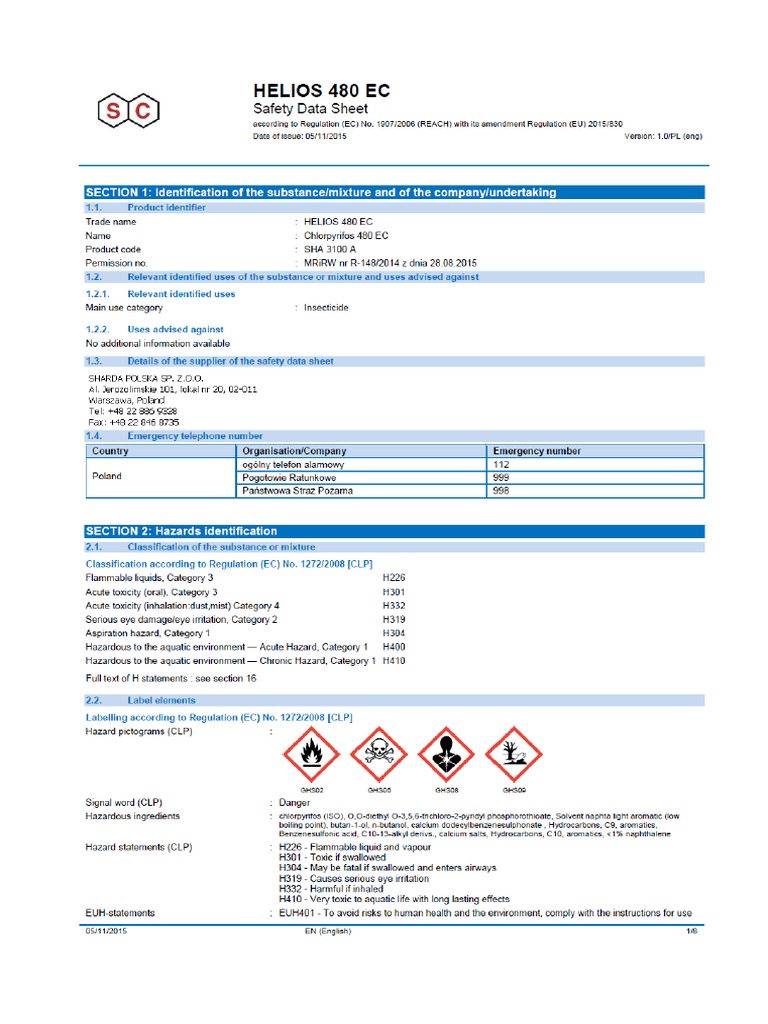 HEliOS 480 EC Safety Data Sheet | PDF | Toxicity | Firefighting