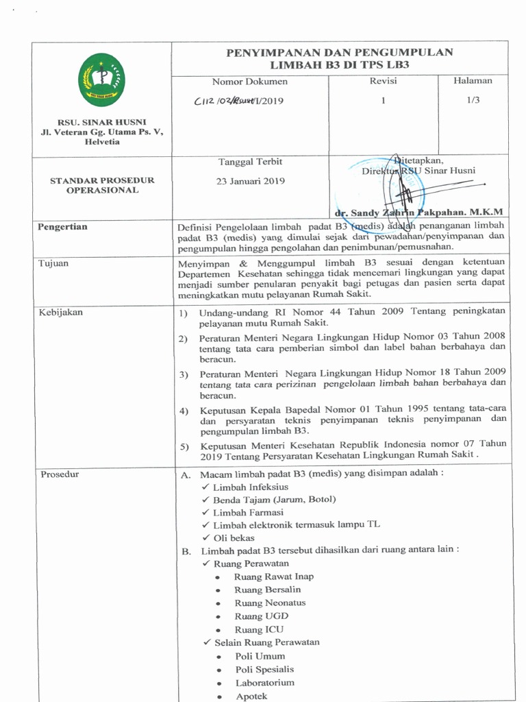 Spo Penyimpanan Dan Pengumpulan Limbah B3 Di TPS LB3 | PDF
