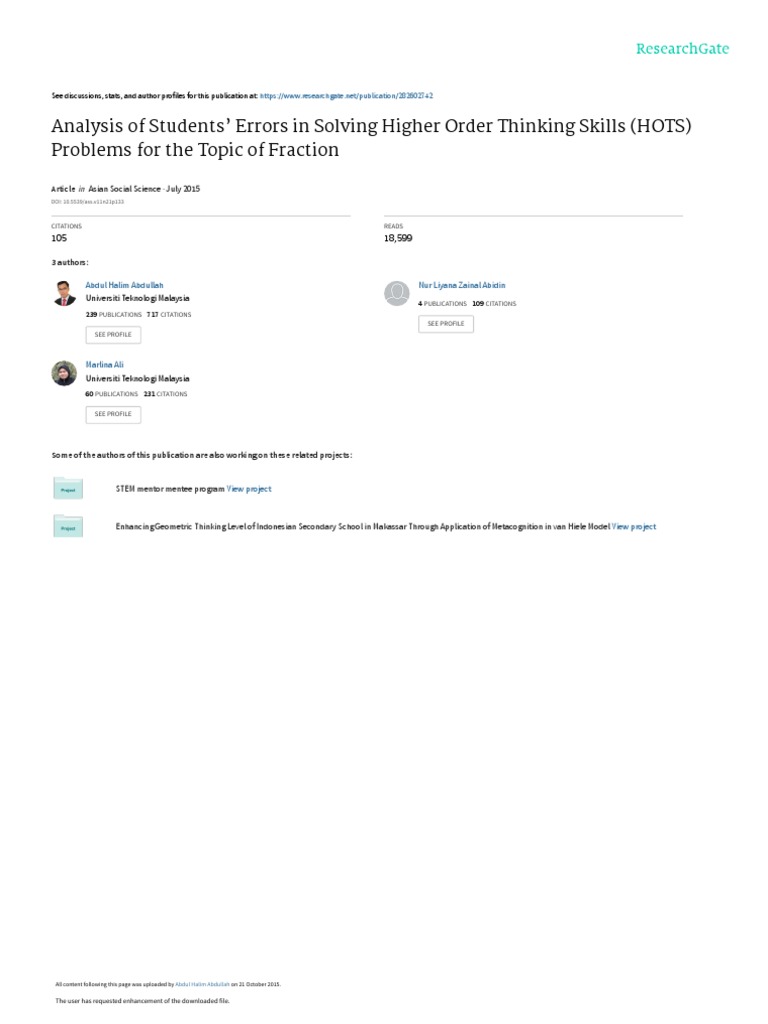 Analysis of Students' Errors in Solving Higher Order Thinking Skills (HOTS) Problems For The ...