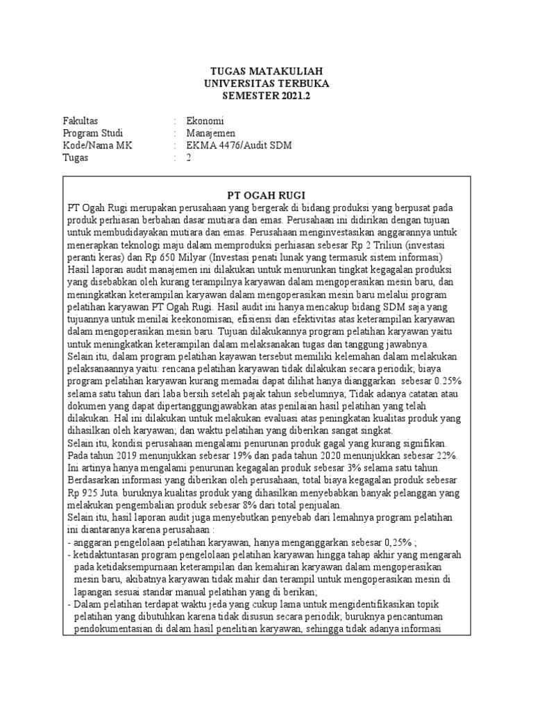EKMA4476 Audit SDM Tugas 2 | PDF | Bisnis