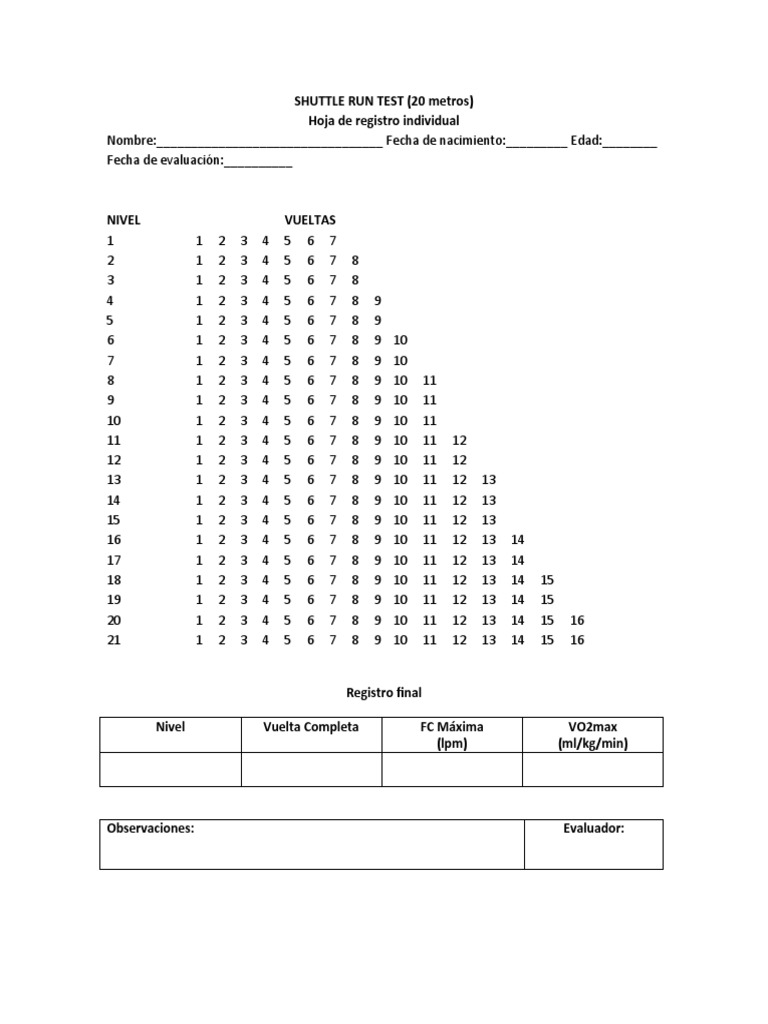 Beep - Shuttle Run Test Formato | PDF