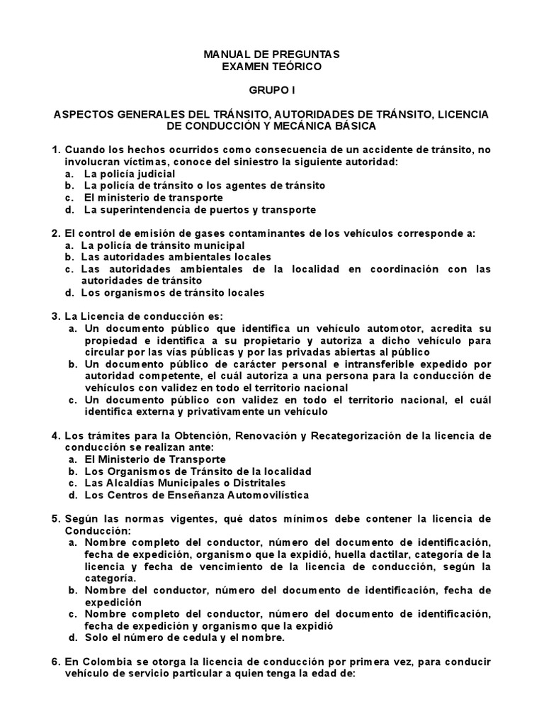 Manual de Examen Teórico de Conducción | PDF | Licencia de conducir ...