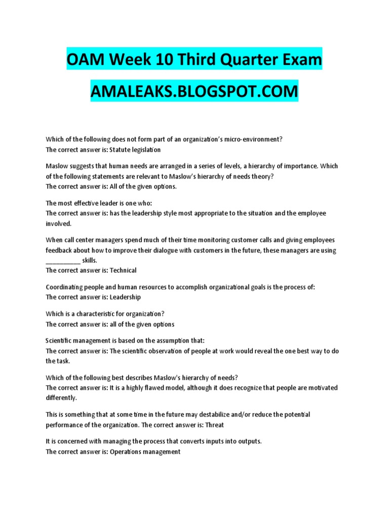 (AMALEAKS - BLOGSPOT.COM) OAM Week 10 Third Quarter Exam | PDF | Leadership | Motivational