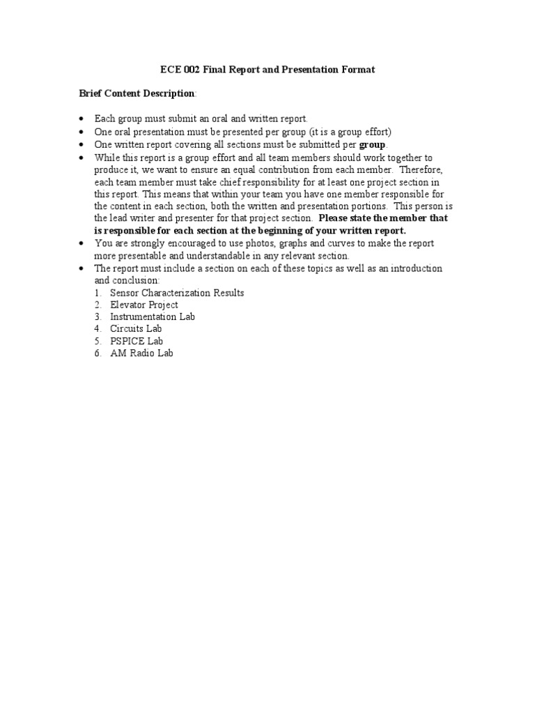 ECE 002 Final Report and Presentation Format Brief Content Description ...