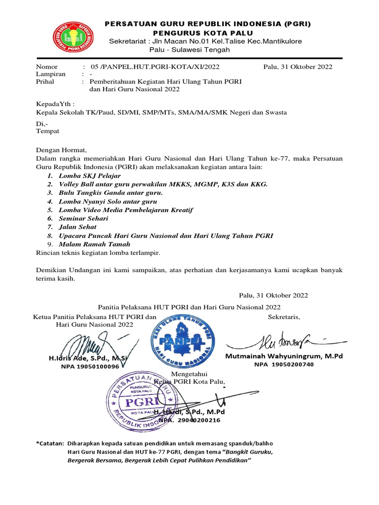 Surat Edaran Lomba HUT PGRI Dan HGN 2022 | PDF