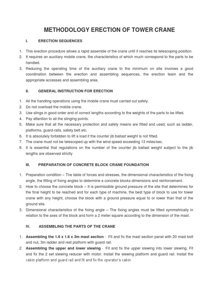Erection Methodology of Tower Crane | PDF | Crane (Machine) | Manufactured Goods