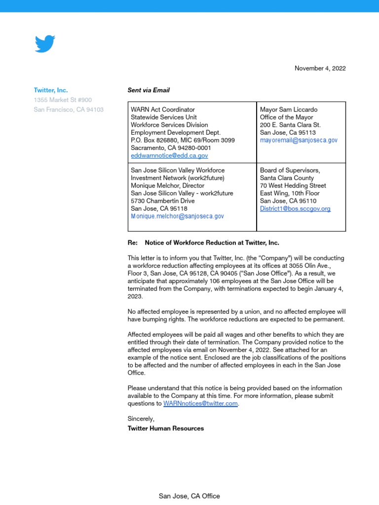 Twitter WARN Notice for Workforce Reduction | PDF | Employment | San Jose