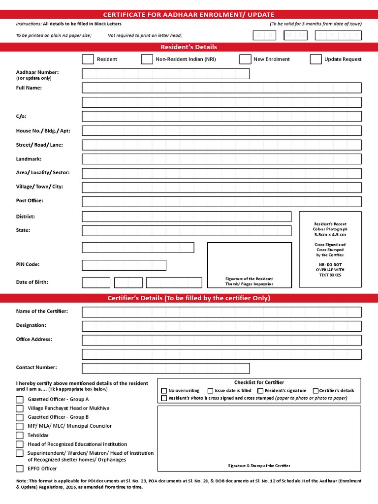 Certificate For Aadhaar Enrolment Update | PDF | Written Communication