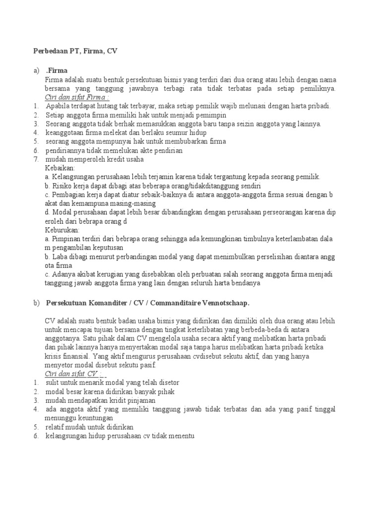 Perbedaan PT, Firma, dan CV | PDF | Bisnis | Pengembangan Diri