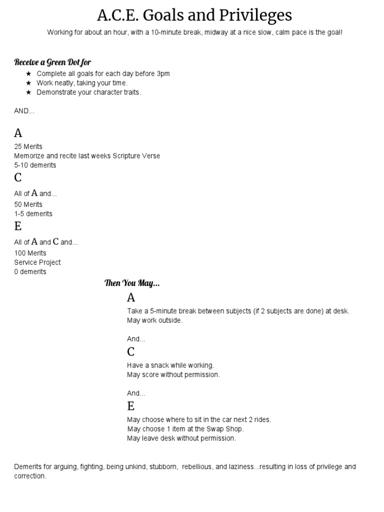 A.C.E. Goals and Privileges System | PDF | Language Arts & Discipline