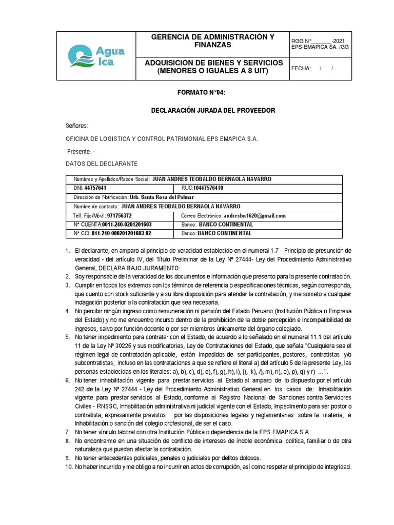 Formato 4 y 5 Andres Bernaola | PDF | Corrupción política | Bancos