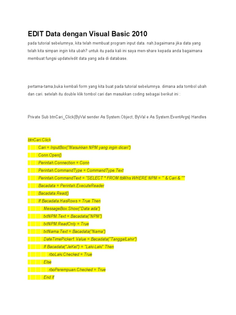 EDIT Data Dengan Visual Basic 2010 | PDF | Komputer | Teknologi & Rekayasa