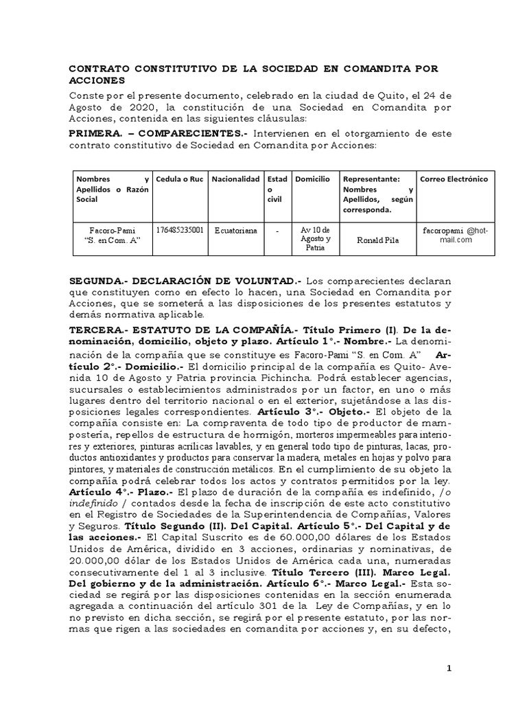 Modelo Contrato Constitutivodocx | PDF | Sociedad de responsabilidad limitada