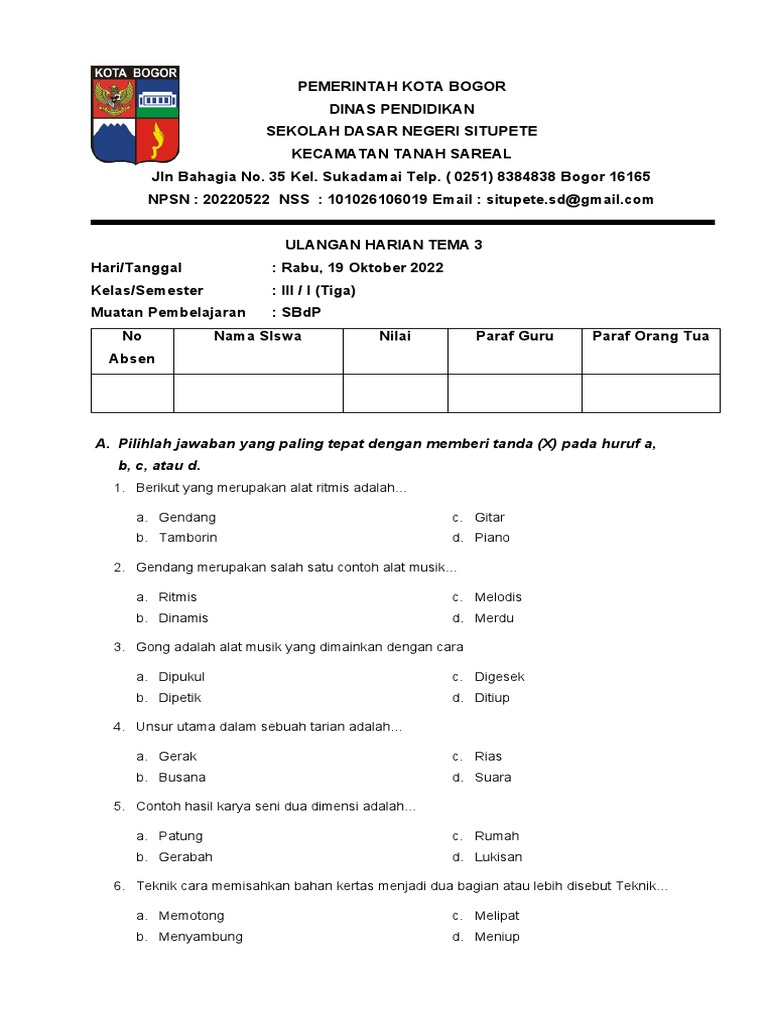 UH SBDP TEMA 3 Kelas 3 SD | PDF
