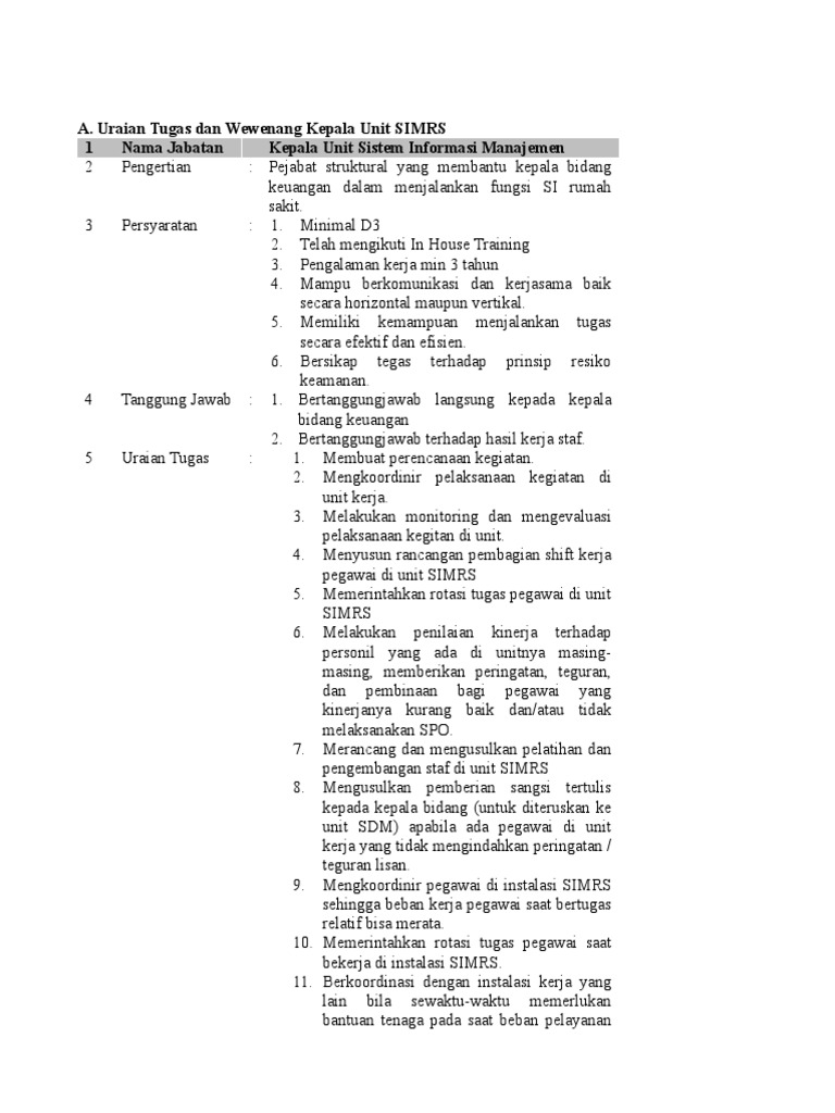 Uraian Tugas Kepala Tim Simrs | PDF