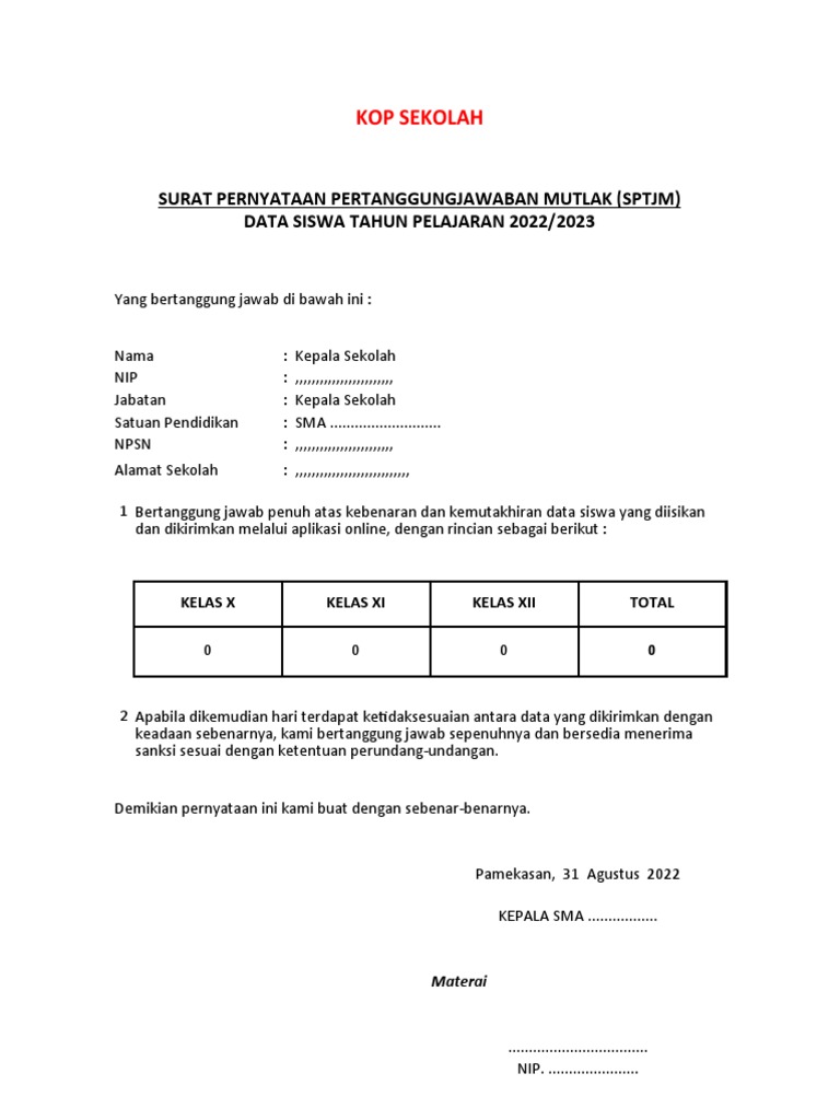 Format Sptjm Data Siswa Tapel 2022 2023 Pdf