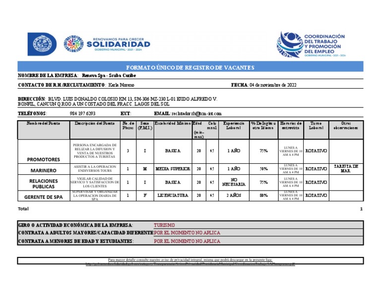 MACHOTE - Formato Unico de Registro de Vacantes | PDF