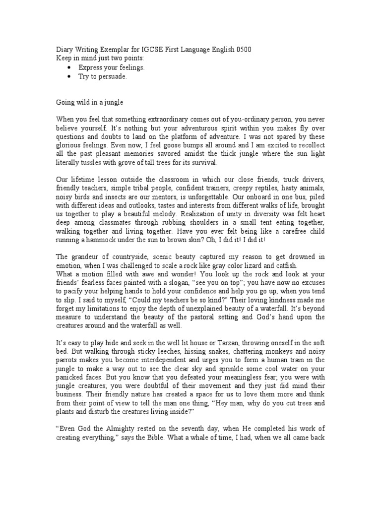 Diary Writing Exemplar For IGCSE First Language English 0500