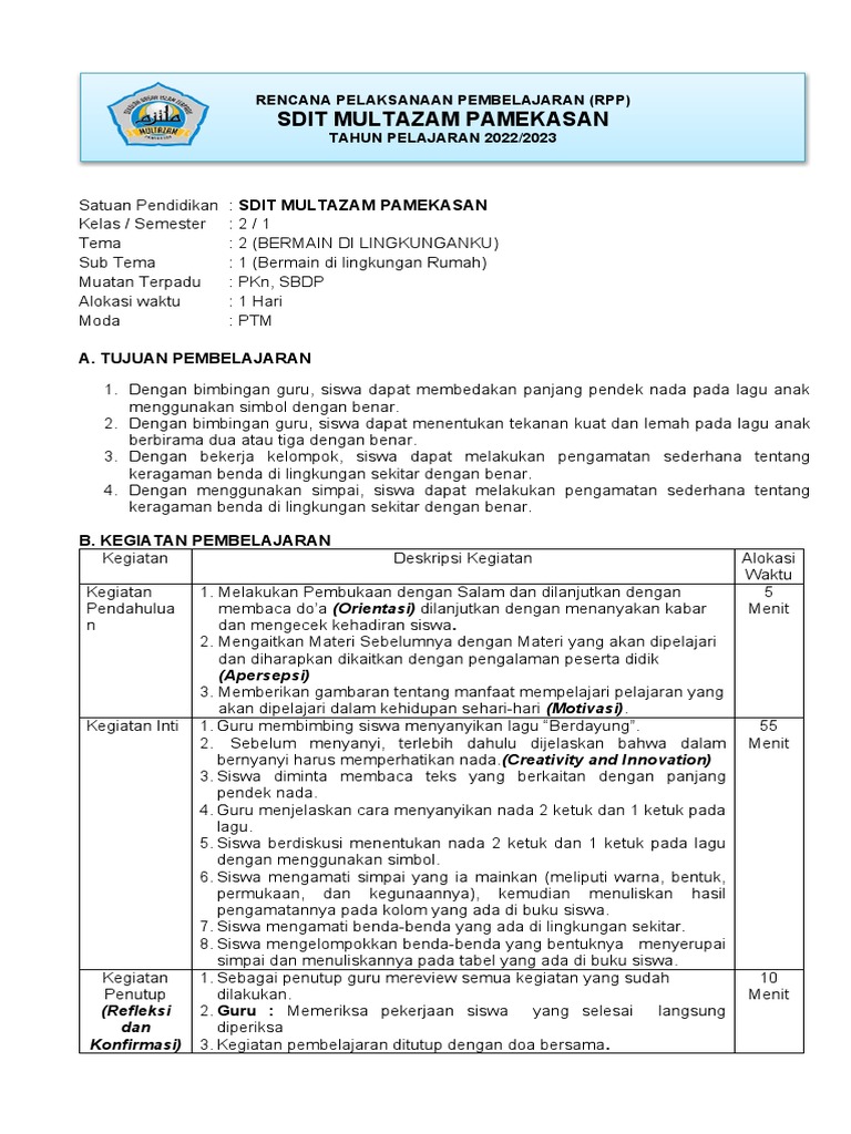 RPP 2 ST 1 PKN, SBDP | PDF | Karier & Perkembangan | Seni & Disiplin Bahasa