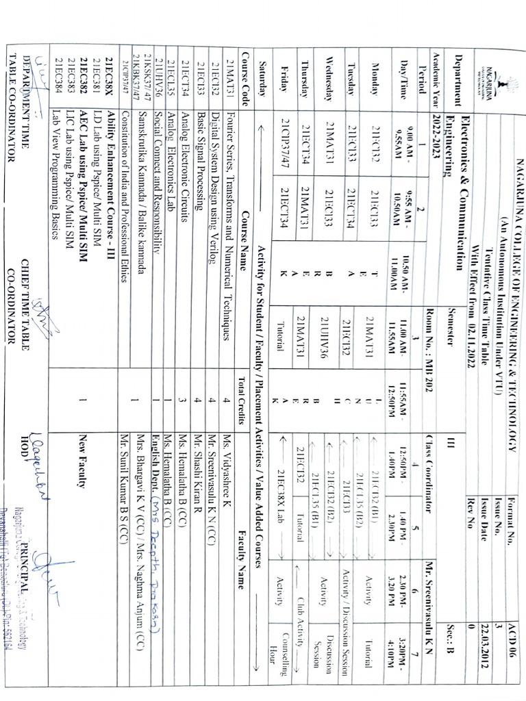Third Semester Time Table | PDF | Computing | Computer Engineering