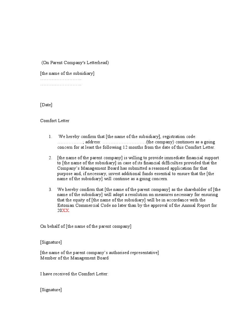 Comfort Letter for Subsidiary Support | PDF | Business | Finance ...
