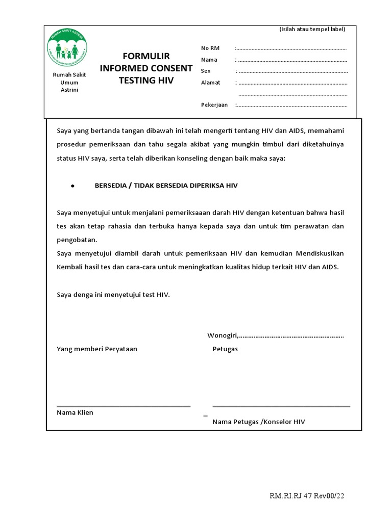 Form Informed Consent Testing HIV | PDF | Karier & Perkembangan | Hukum