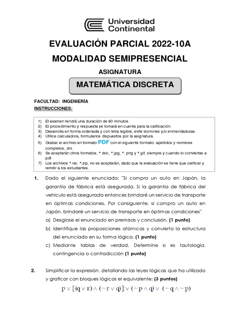 Evaluación Parcial Matemática Discreta 2022-10A | PDF | Proposición | Lógica