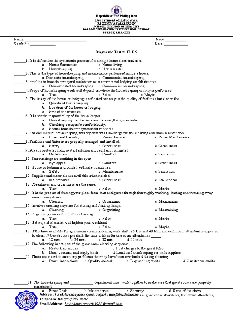 Diagnostic Test 1st Tle Pdf Housekeeping Home 