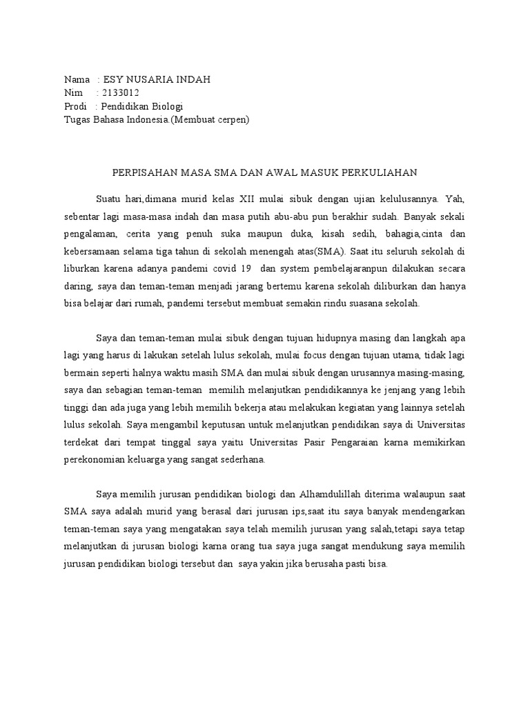 Tugas B.indonesia Cerpen EsyNusariaIndah 2133012 | PDF
