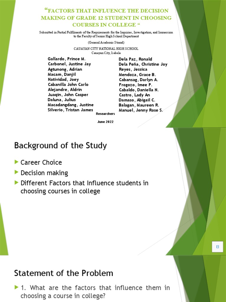 Factors Influencing Grade 12 Students' College Course Choices | PDF ...