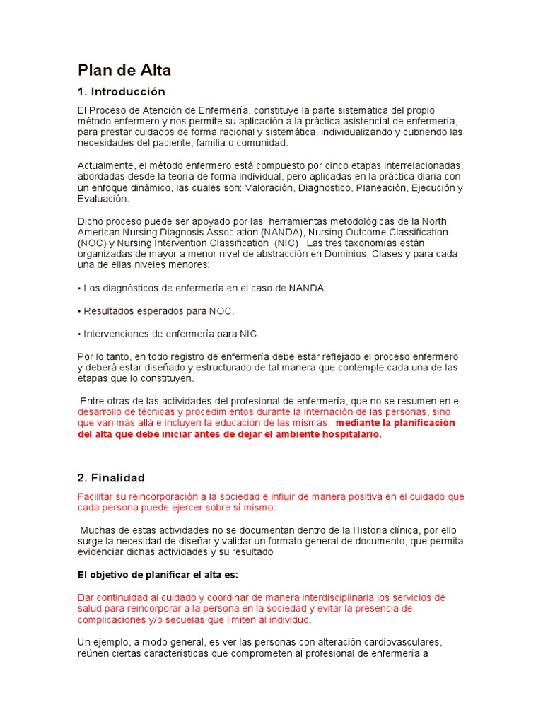 Plan de Alta | PDF | Enfermería | Medicina CLINICA