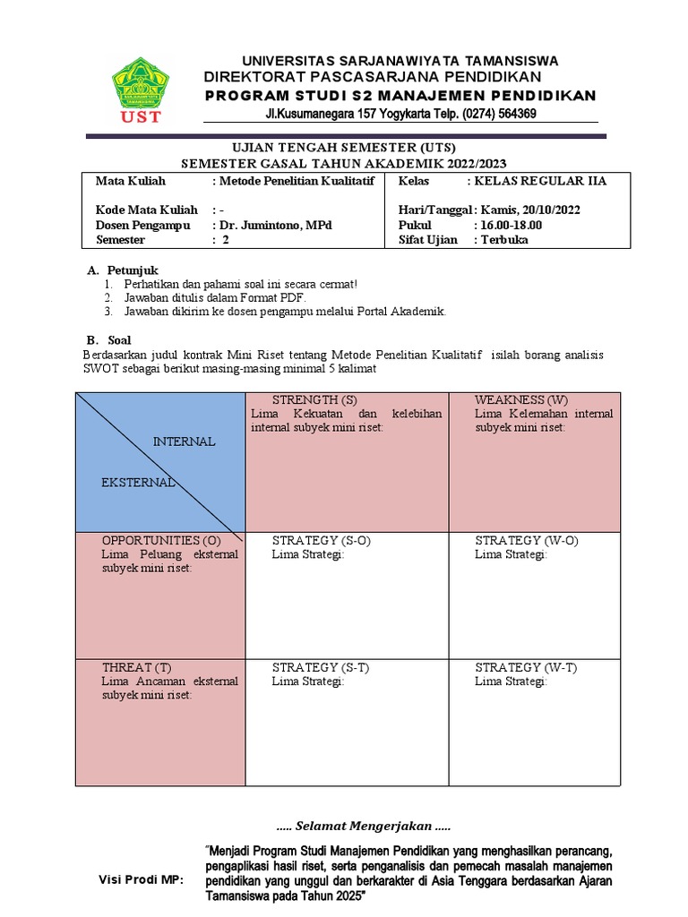 2022-Form Soal UTS S2-MP-Visi (1) .Joe Metode Kualitatif - Reguler | PDF | Karier & Perkembangan ...