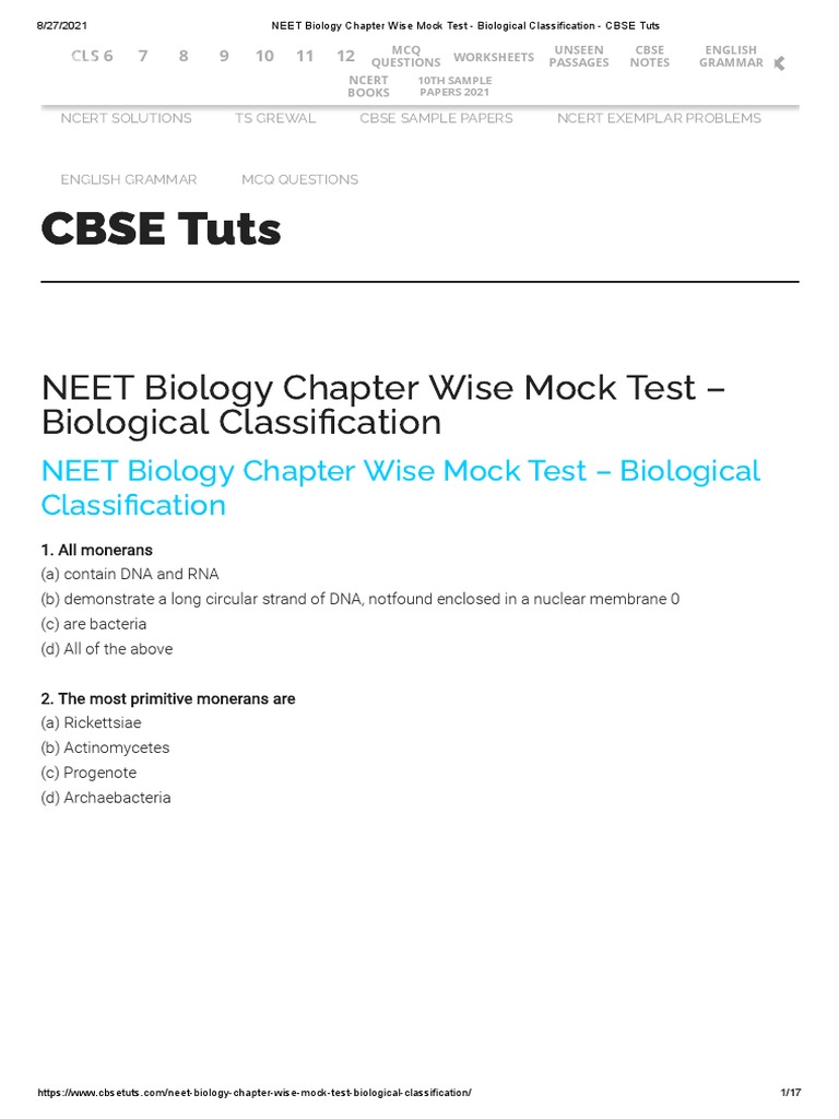 NEET Mock Test: Biological Classification | PDF | Protozoa | Virus